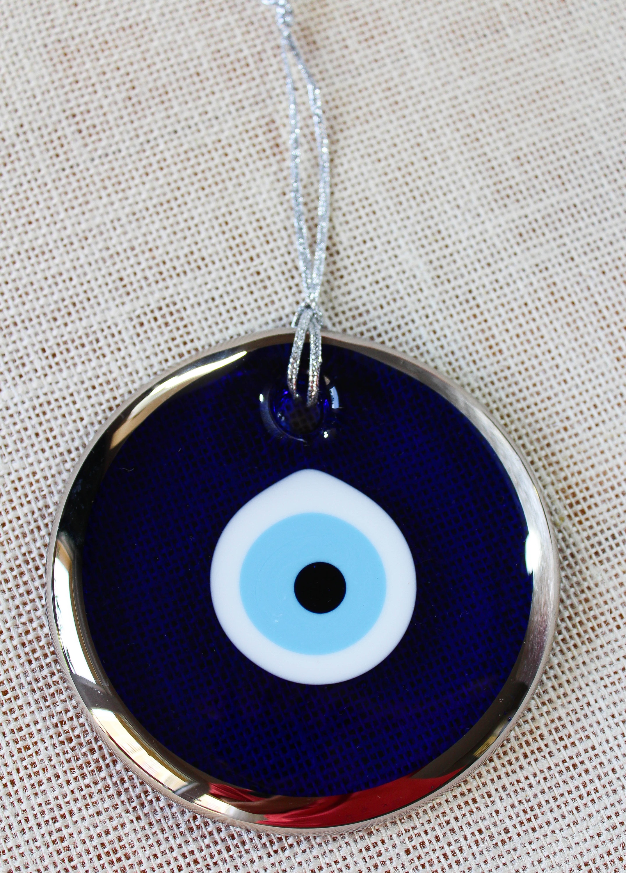 Turkish Nazar Amulet , Silver Trim Glass Round Evil Eye Wall Hanging ...