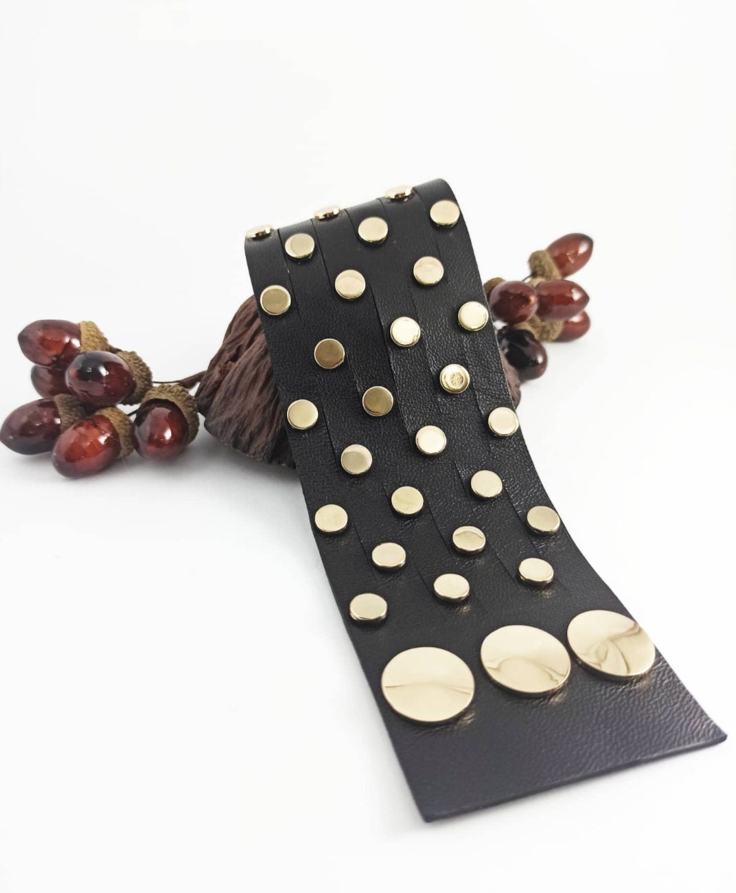 Leather Studded Cuff, Wide Band Bracelet, Black, Personalized ...