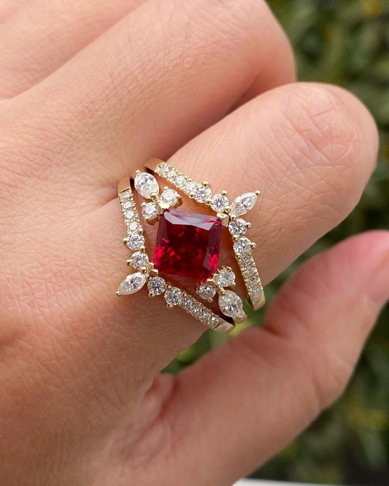 Vintage Princess Cut Ruby Engagement Ring Rose Gold Engagement Ring ...