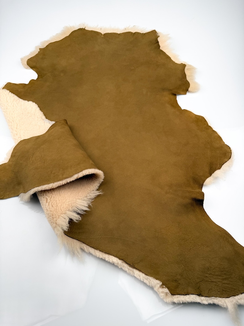 Double Faced Curly Shearling Hide – Beige Wool & Dark Olive Suede ...