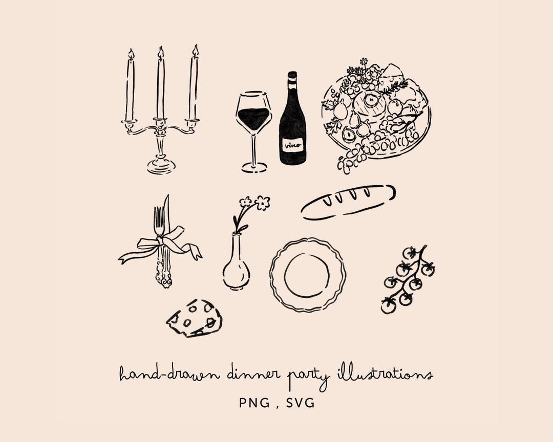 Dinner Party Illustration PNG SVG Bundle Pack - Hand Drawn Clipart for ...