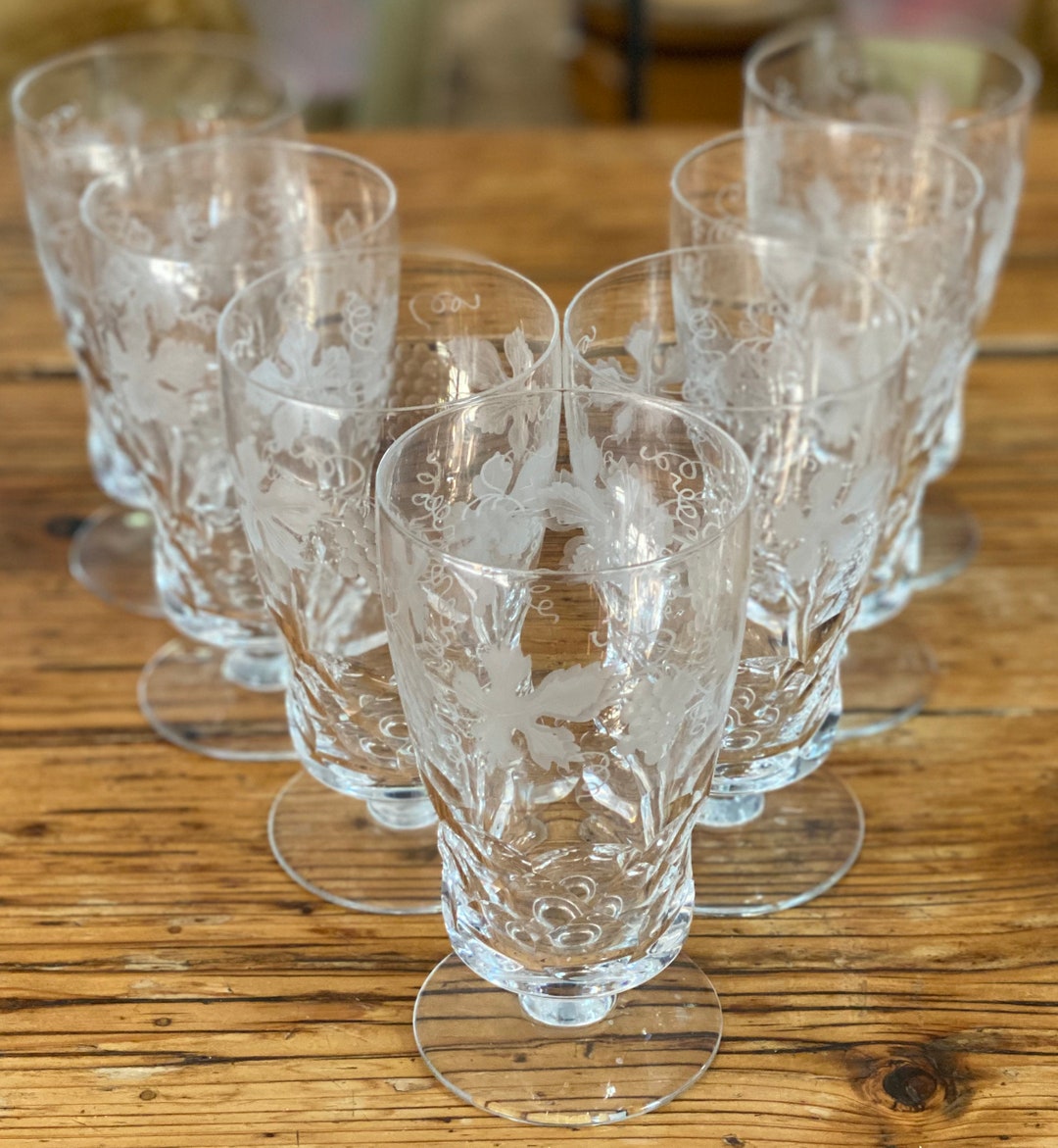 Vintage - Exquisite Grape Vine Etching; Cut Crystal Water Glasses, Set ...