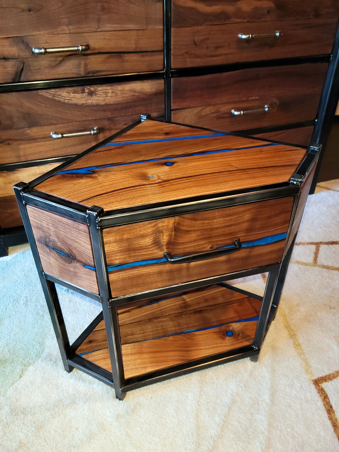 Custom Corner Table - 100% Handmade - Black Walnut - Iridescent Blue ...