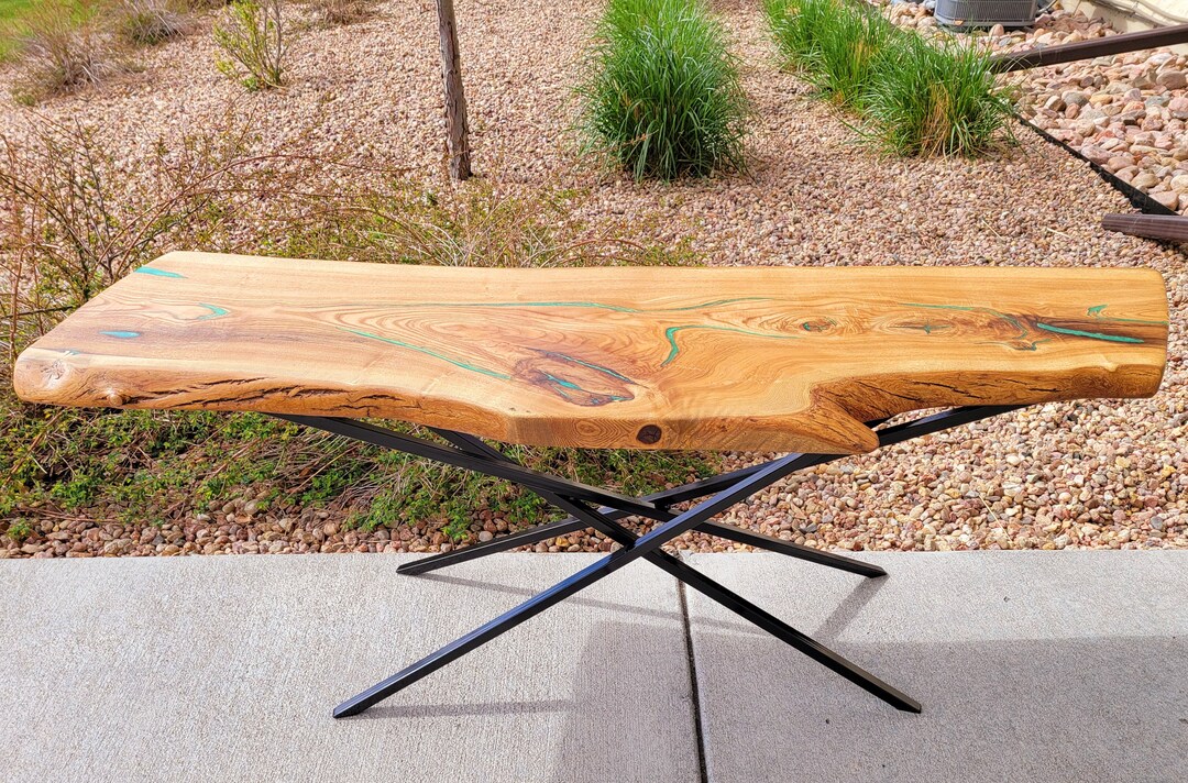 Ready to Ship! Cross Leg Table - White Oak Slab With Green Envy Epoxy ...