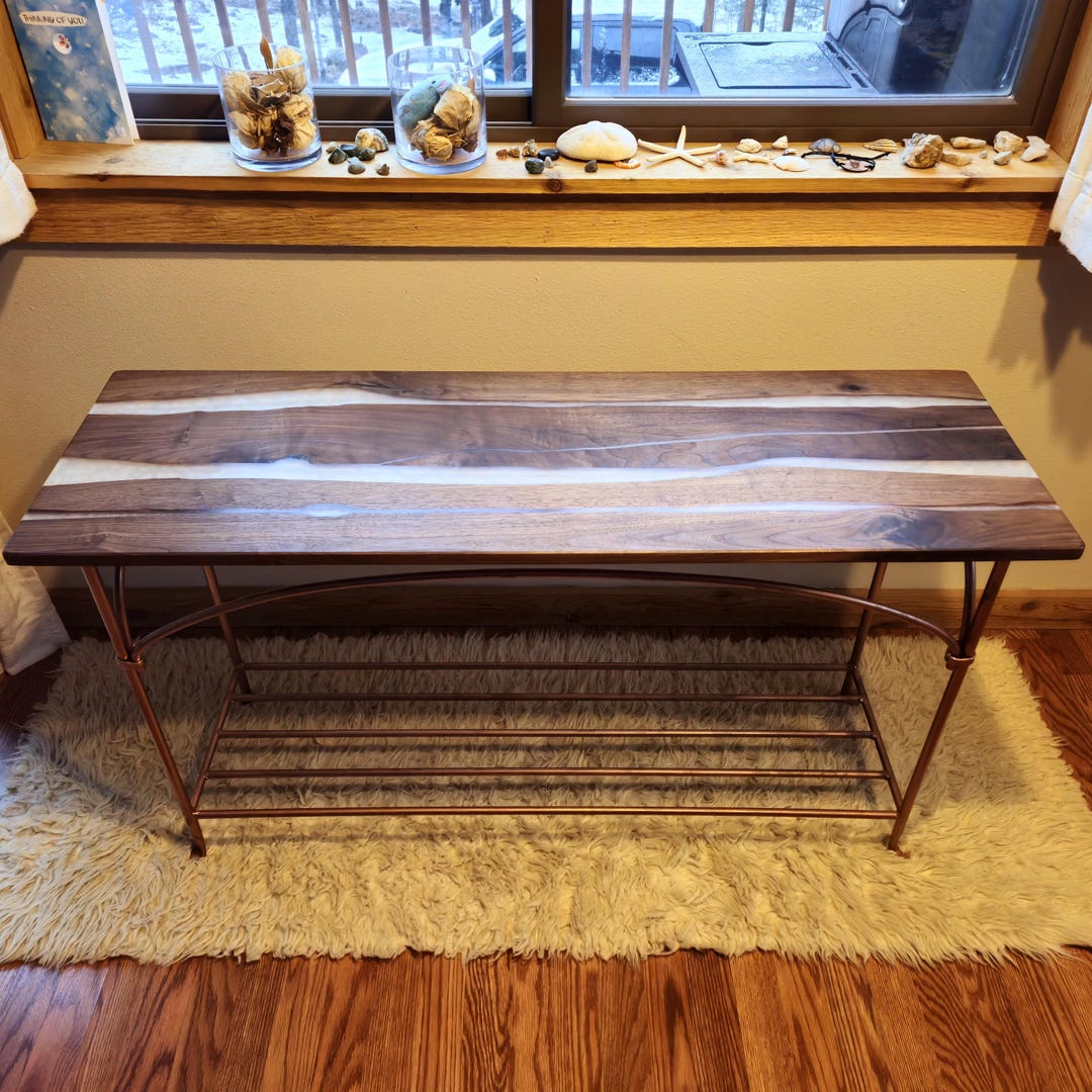 Wrought Iron & Walnut Entryway Table - Copper Opal Epoxy River Resin ...