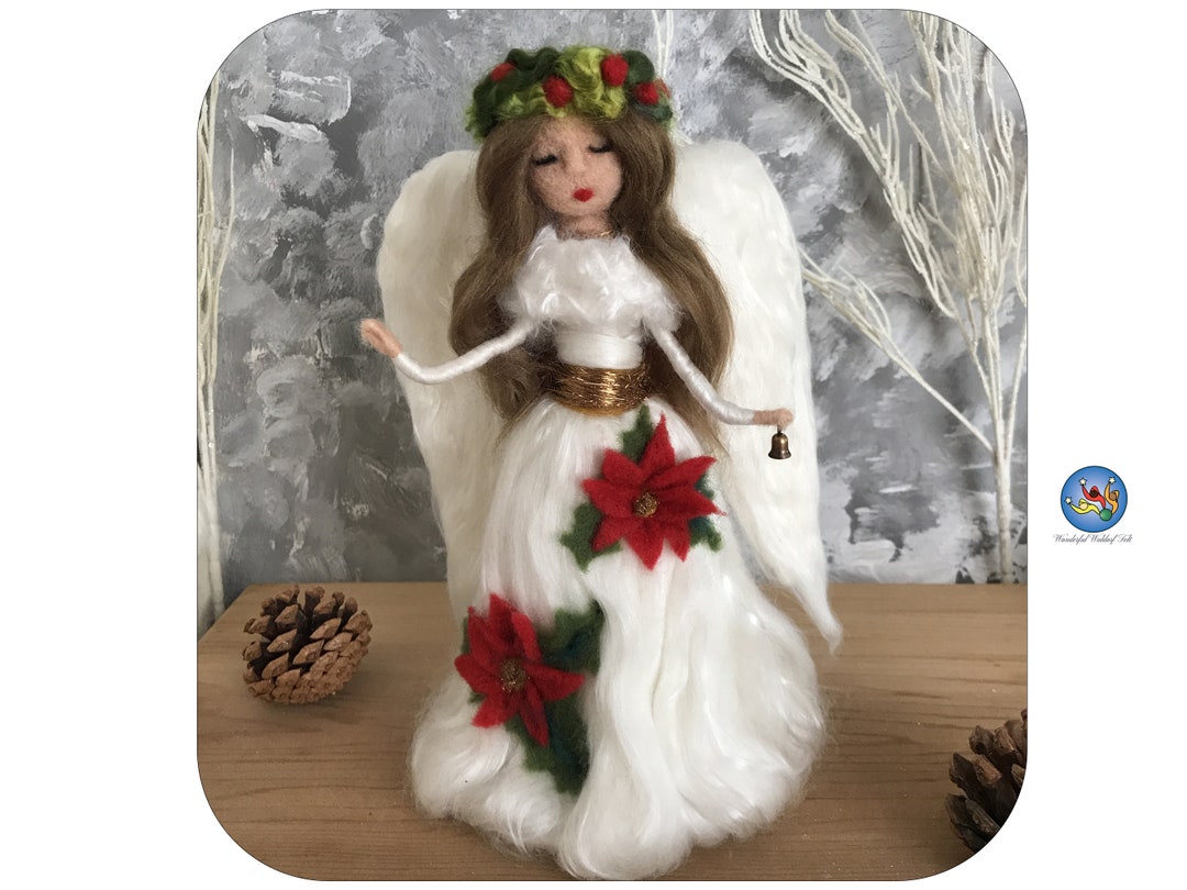 Poinsettia Angel Tree Topper. Needle Felted Silk and Wool Shiny Snow ...