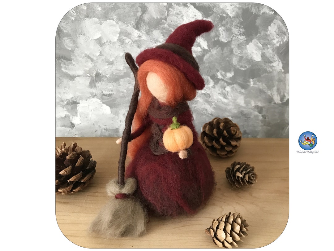 Needle Felted Mabon Witch With Broom and Pumpking. Mabon Decoration ...