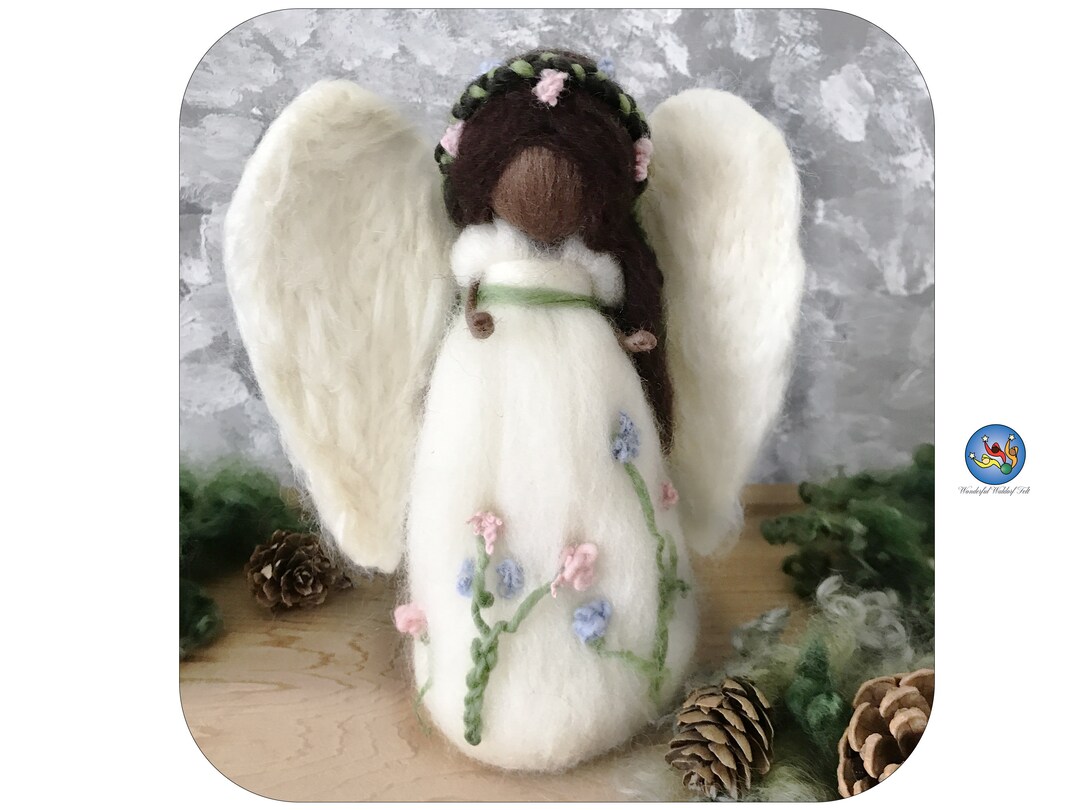 Needle Felted Angel Figurine: Dark Skin, Floral Gown, Waldorf Decor - Etsy