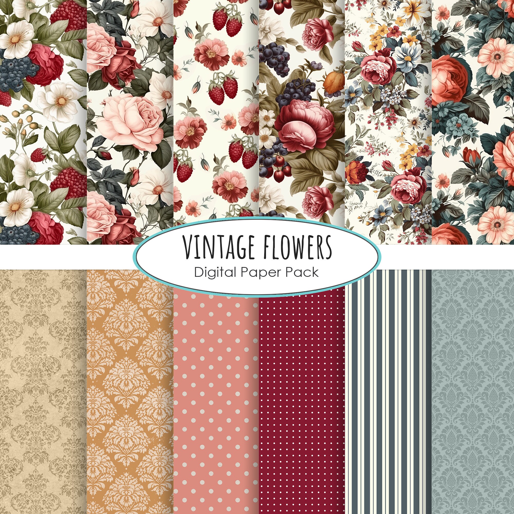 Vintage Flowers and Berries Digital Paper Pack Instant Download Digital ...