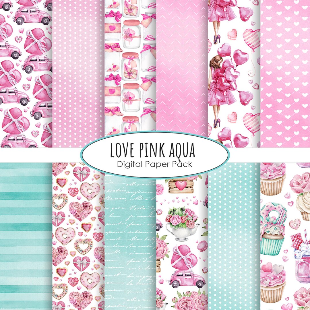 Wedding Digital Paper Pack - Instant Download, Pink Aqua Colors ...