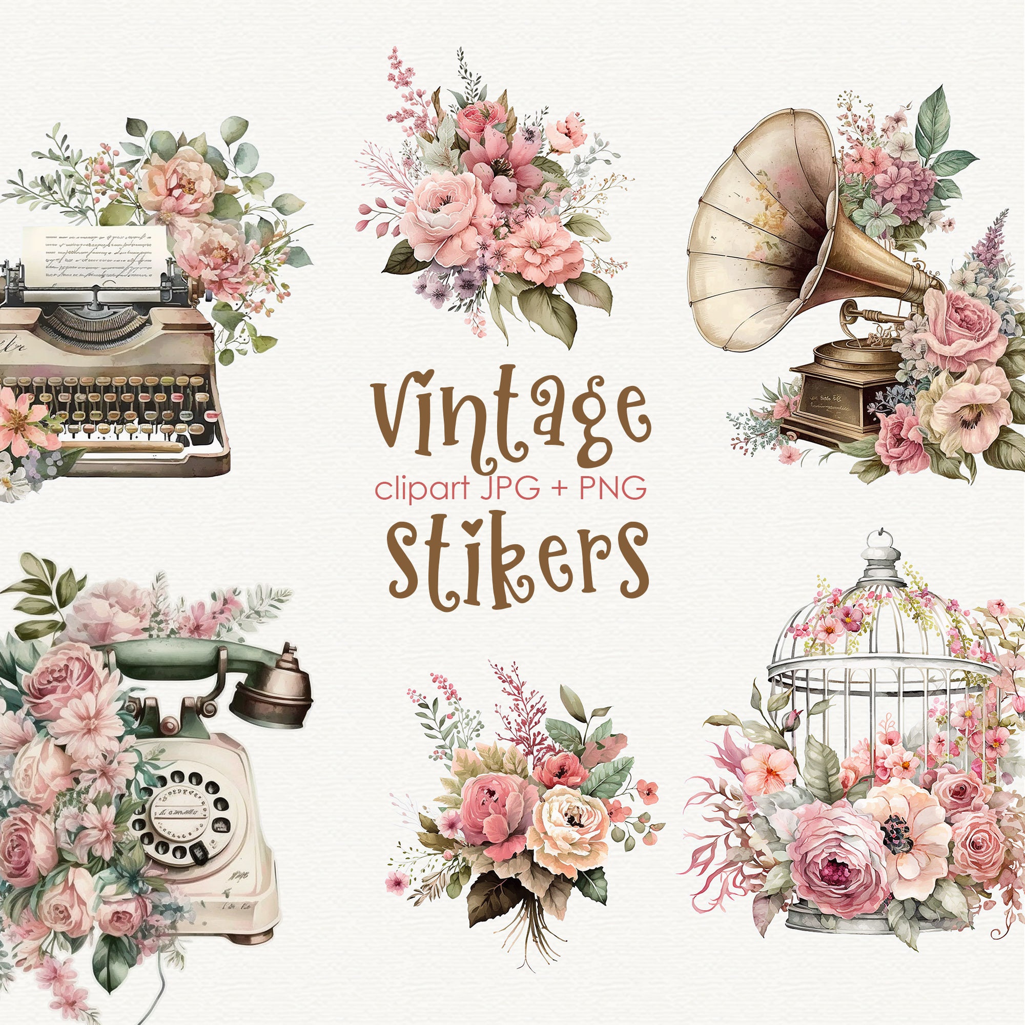 Vintage Floral Stickers - Retro Elements Watercolor Clipart Digital ...