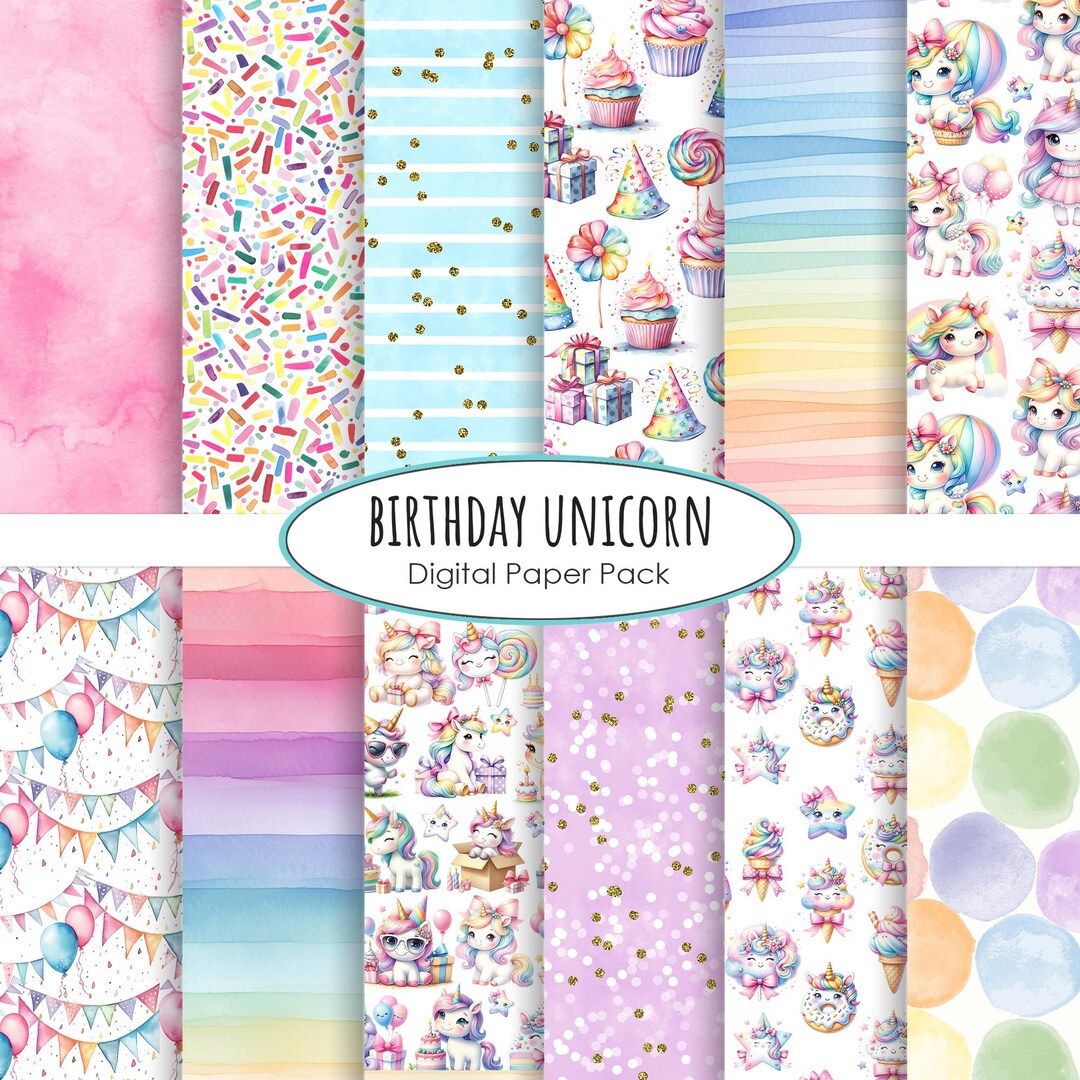 Unicorn Birthday Digital Paper - Digital Scrapbooking Colorful Unicorn ...