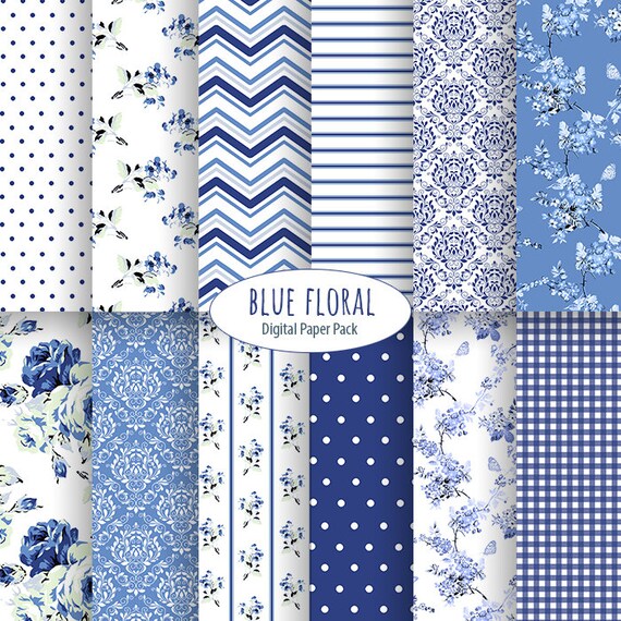 Floral Digital Paper Blue Flowers Printable Shabby Chic Paper | Etsy