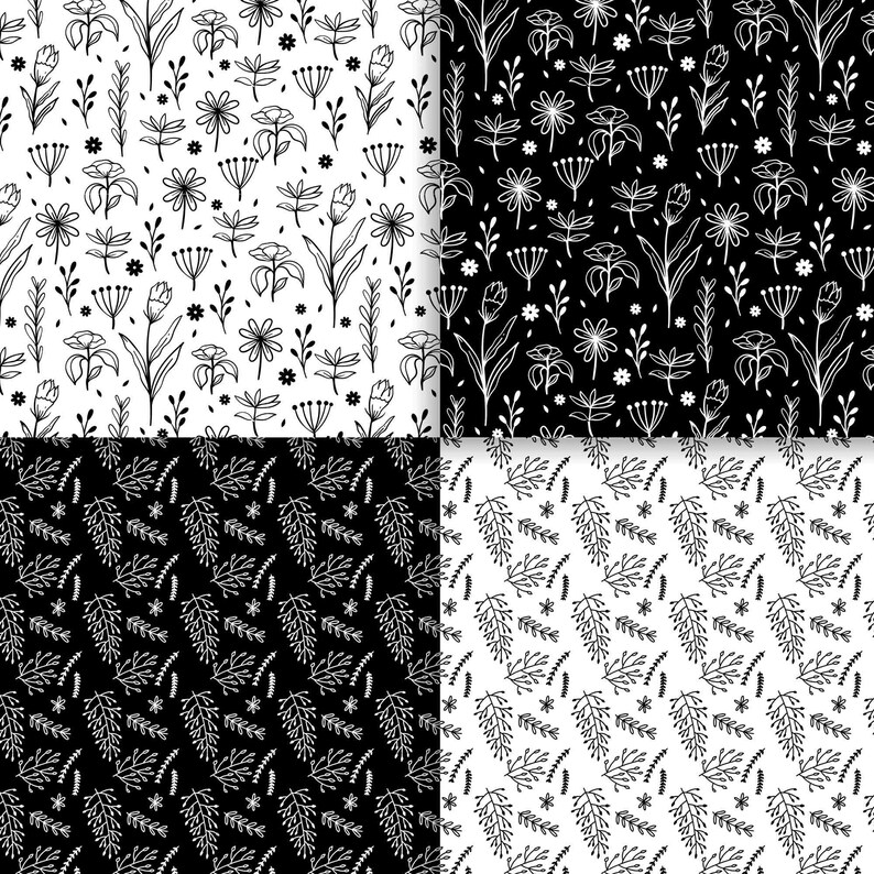Black and White Flowers Digital Paper Digital Scrapbooking Instant ...