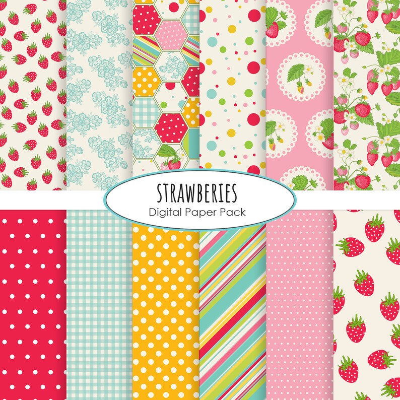 Strawberry Digital Paper Berry Patterns Summer Party Textures Digital ...