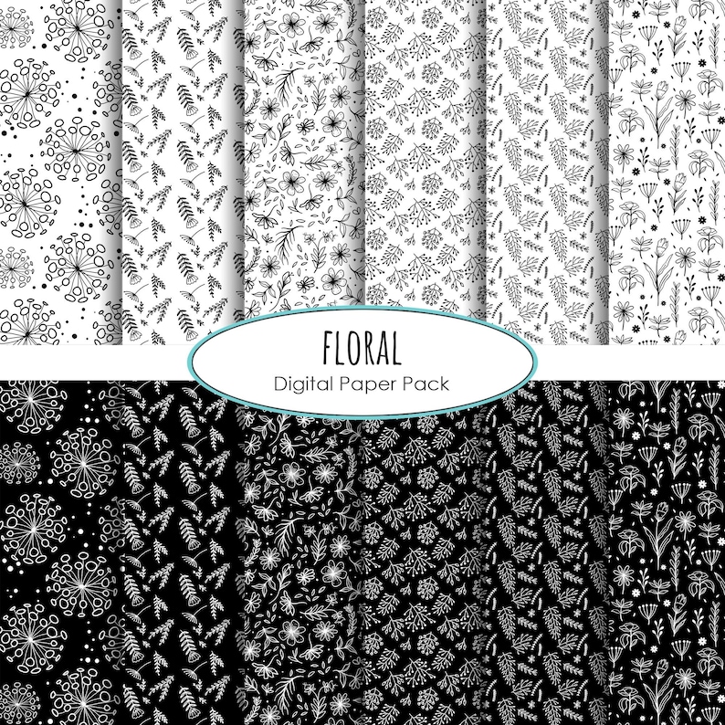 Black and White Flowers Digital Paper Digital Scrapbooking Instant ...