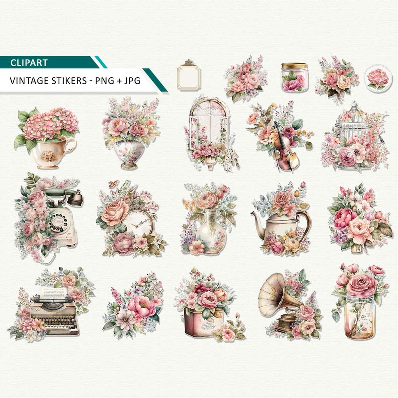 Vintage Floral Stickers - Retro Elements Watercolor Clipart Digital ...