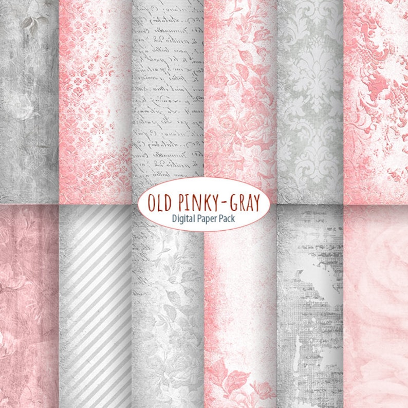 Pink Gray Digital Paper Instant Download Floral Background Shabby Chic ...