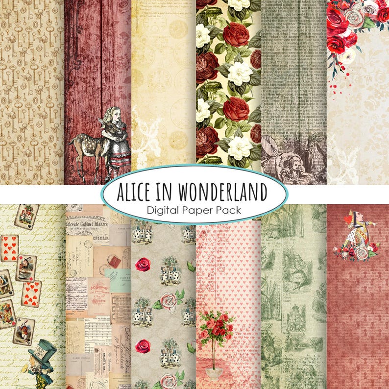 Alice in Wonderland Digital Paper Pack Digital Scrapbooking Vintage ...