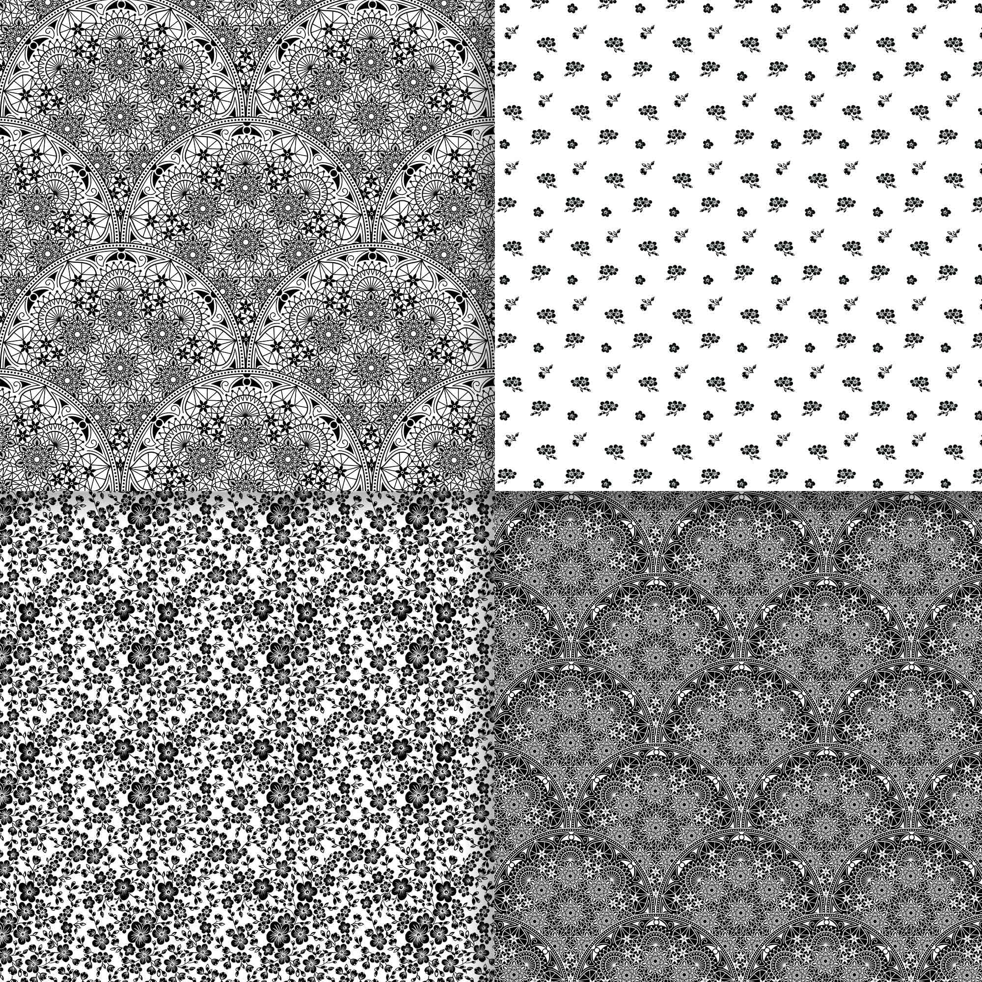 Black and White Floral Digital Paper Set Digital Scrapbooking Flowers ...