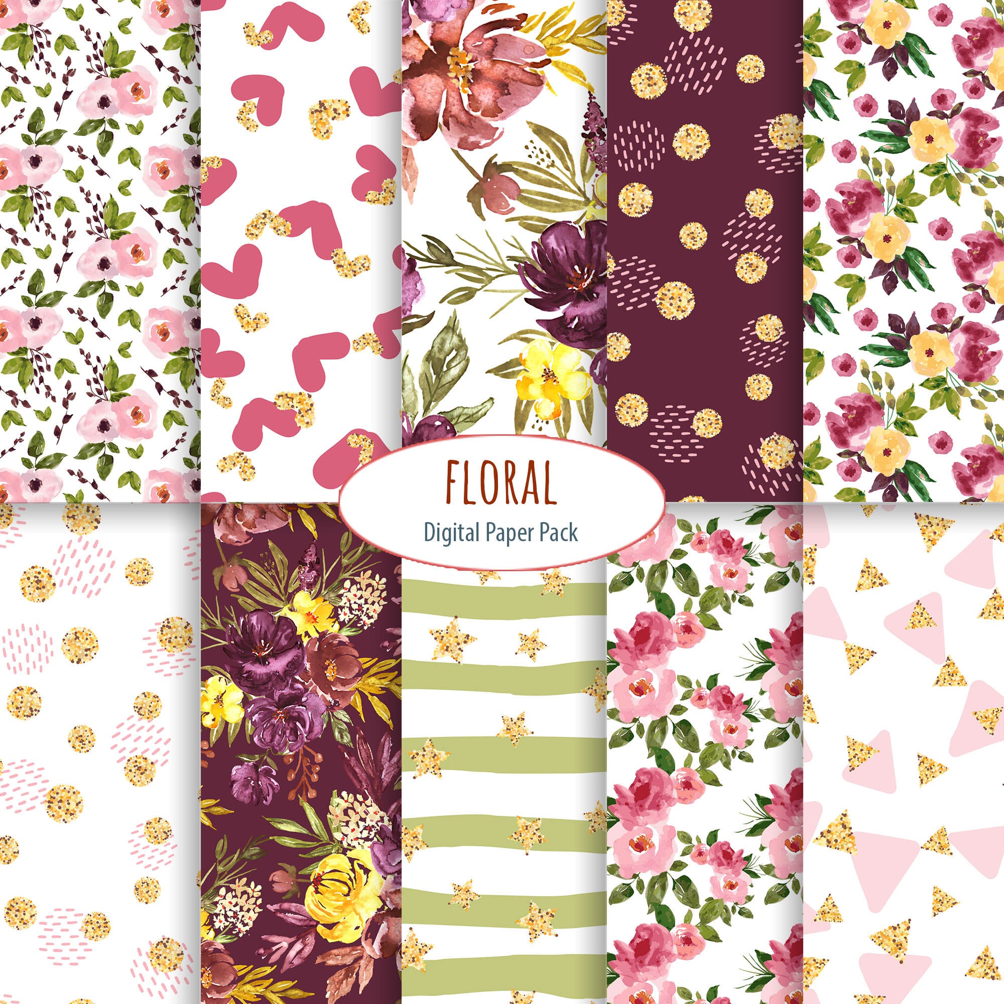 Floral Paper Watercolor Flowers Digital Paper Pack Instant Download ...