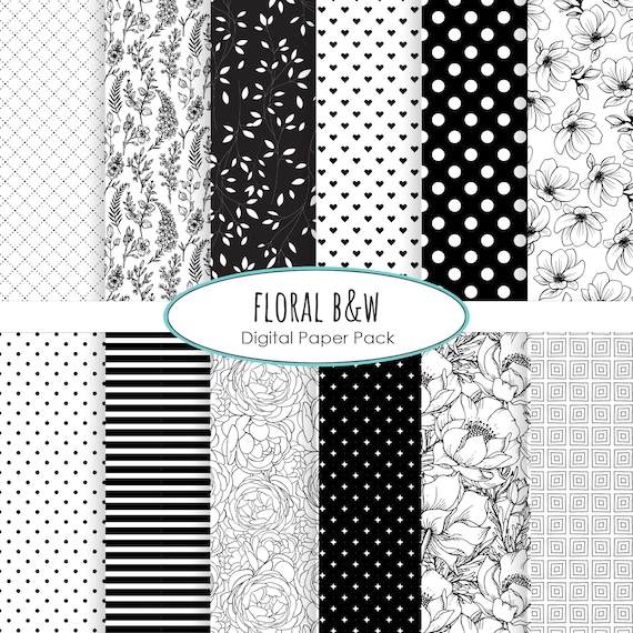Floral Digital Paper Black and White Paper Pack Instant - Etsy