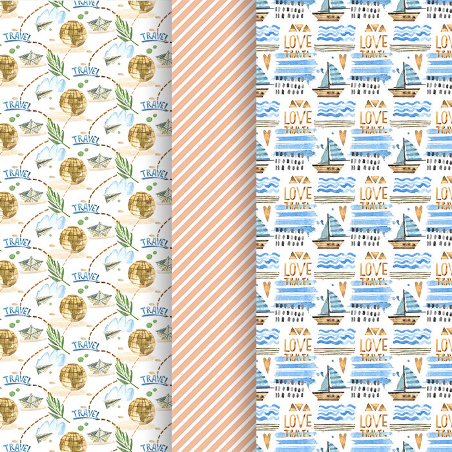 Travel Digital Paper Watercolor Travel Patterns Adventure Holiday ...