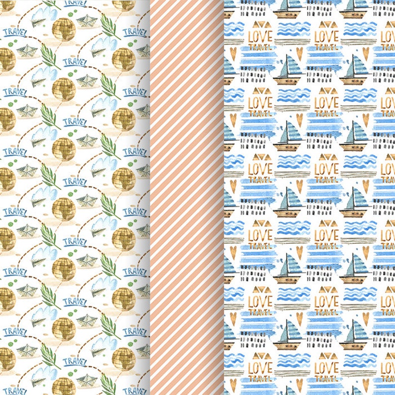 Travel Digital Paper Watercolor Travel Patterns Adventure Holiday ...