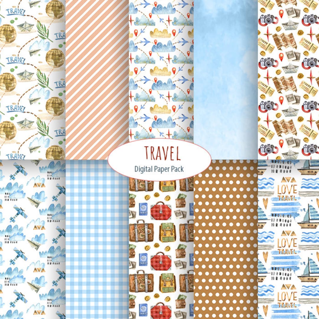 Travel Digital Paper Watercolor Travel Patterns Adventure Holiday ...