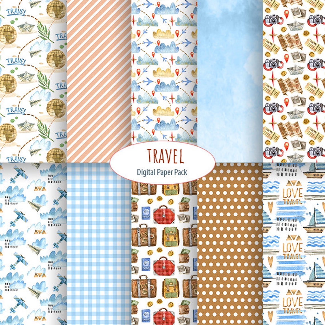 Travel Digital Paper Watercolor Travel Patterns Adventure Holiday ...