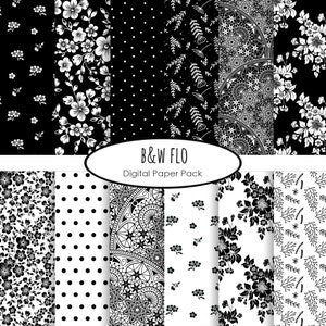 Black and White Floral Digital Paper Set Digital Scrapbooking Flowers ...