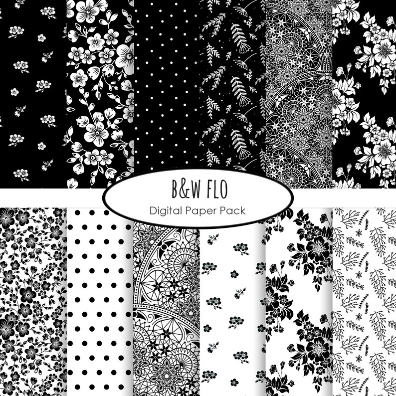 Black and White Floral Digital Paper Set Digital Scrapbooking Flowers ...
