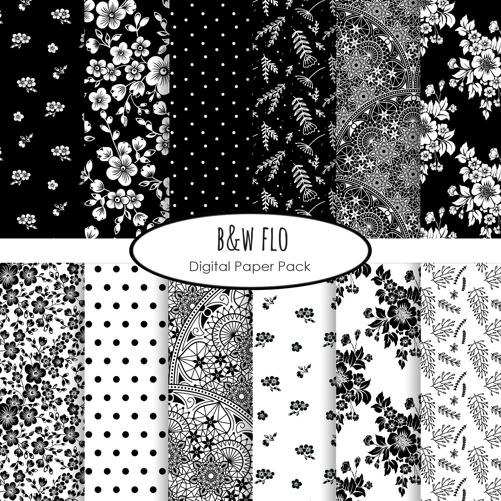 Black and White Floral Digital Paper Set Digital Scrapbooking Flowers ...