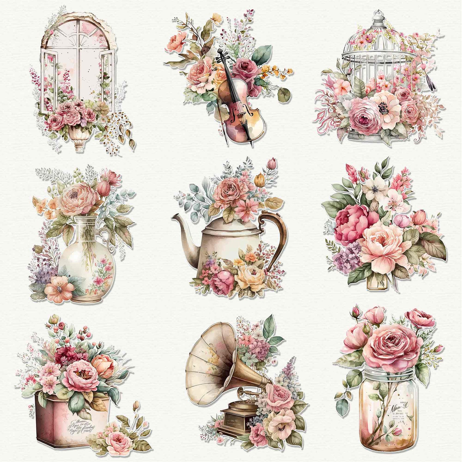 Vintage Floral Stickers - Retro Elements Watercolor Clipart Digital ...