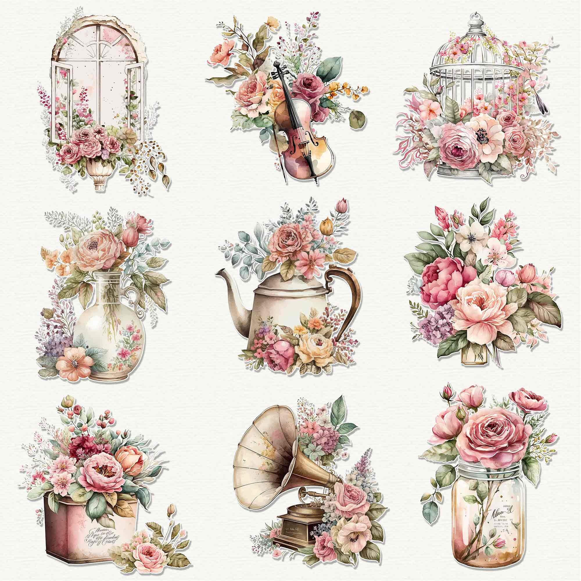 Vintage Floral Stickers - Retro Elements Watercolor Clipart Digital ...