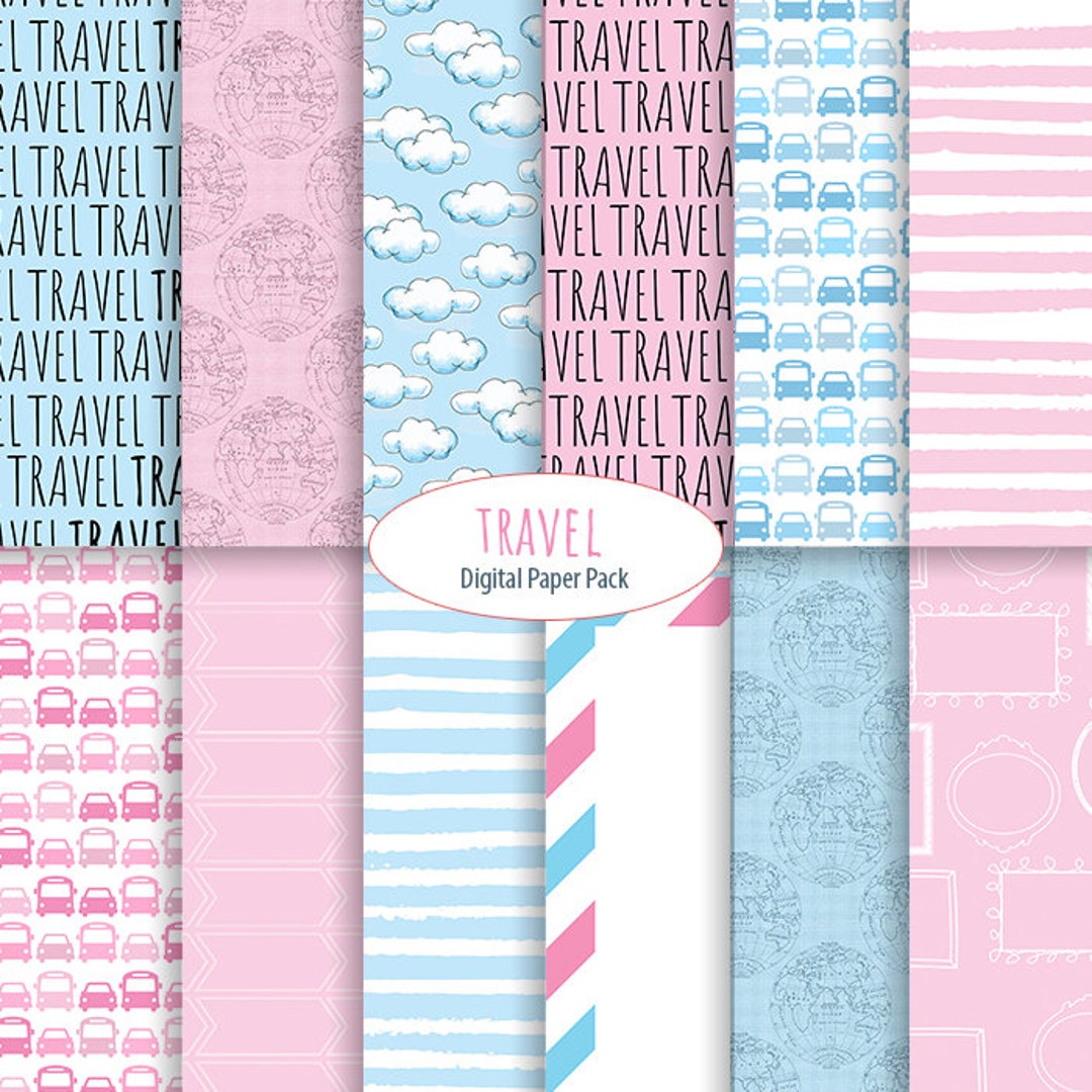 Travel Digital Paper Watercolor Pink Patterns Adventure Holiday ...