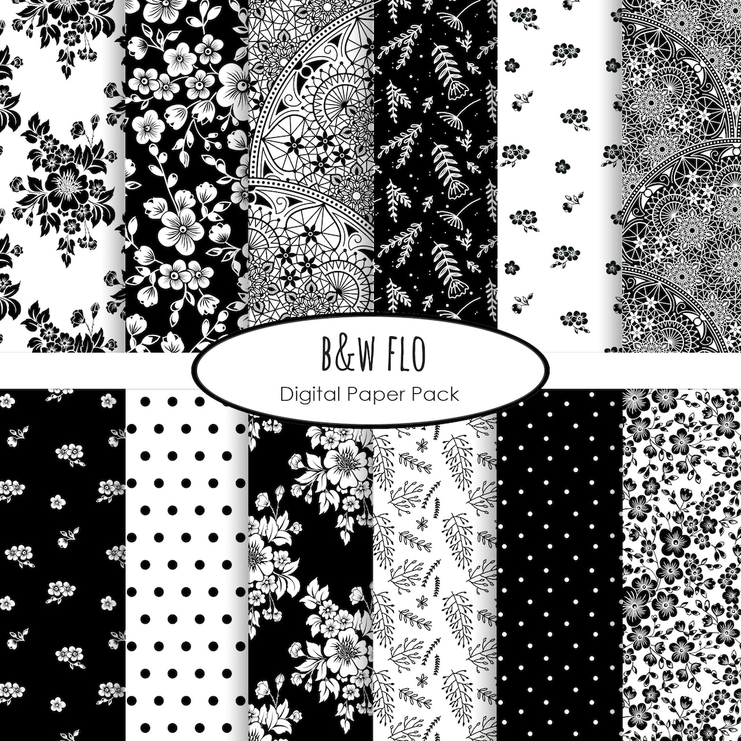 Black and White Floral Digital Paper Set Digital Scrapbooking Flowers ...