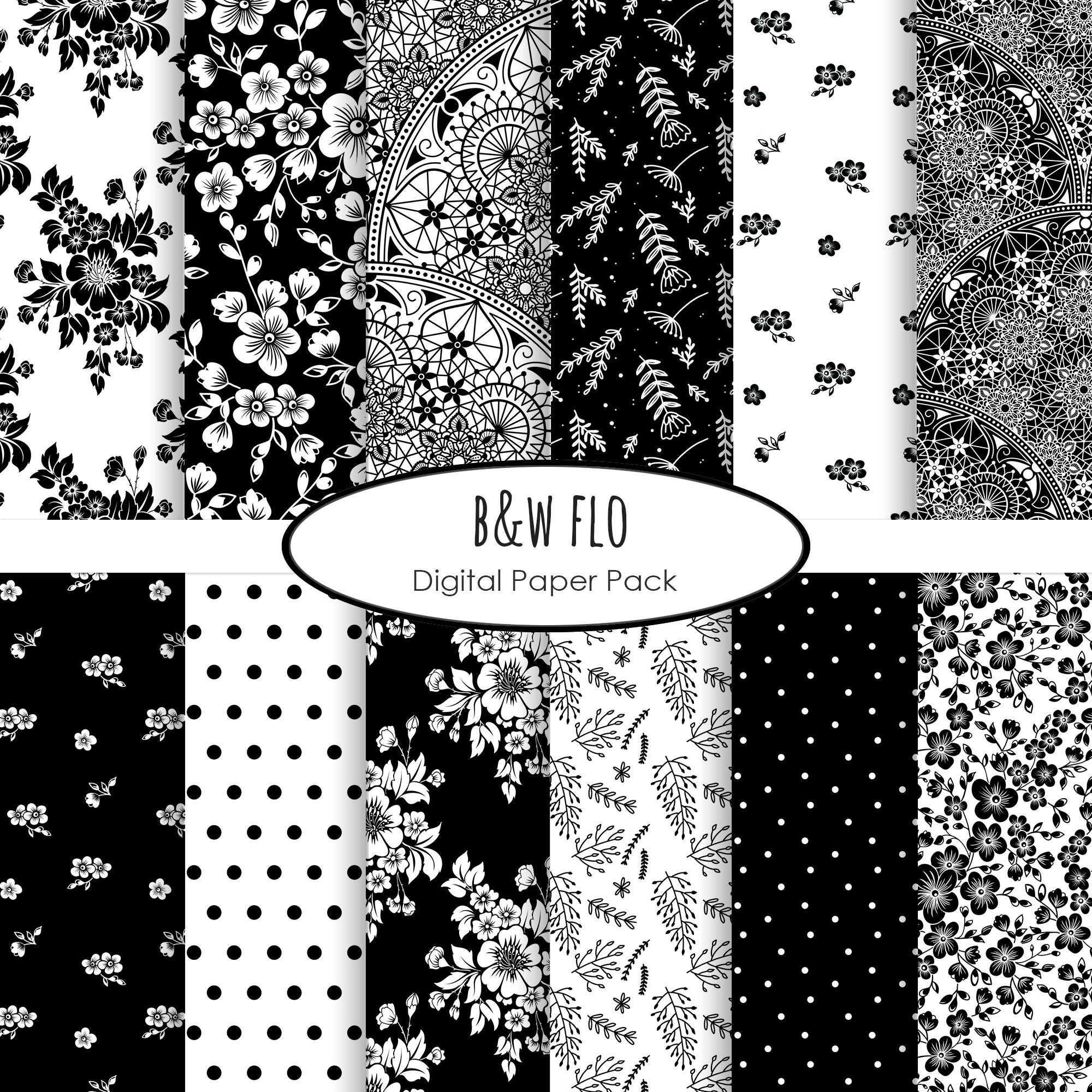 Black and White Floral Digital Paper Set Digital Scrapbooking Flowers ...