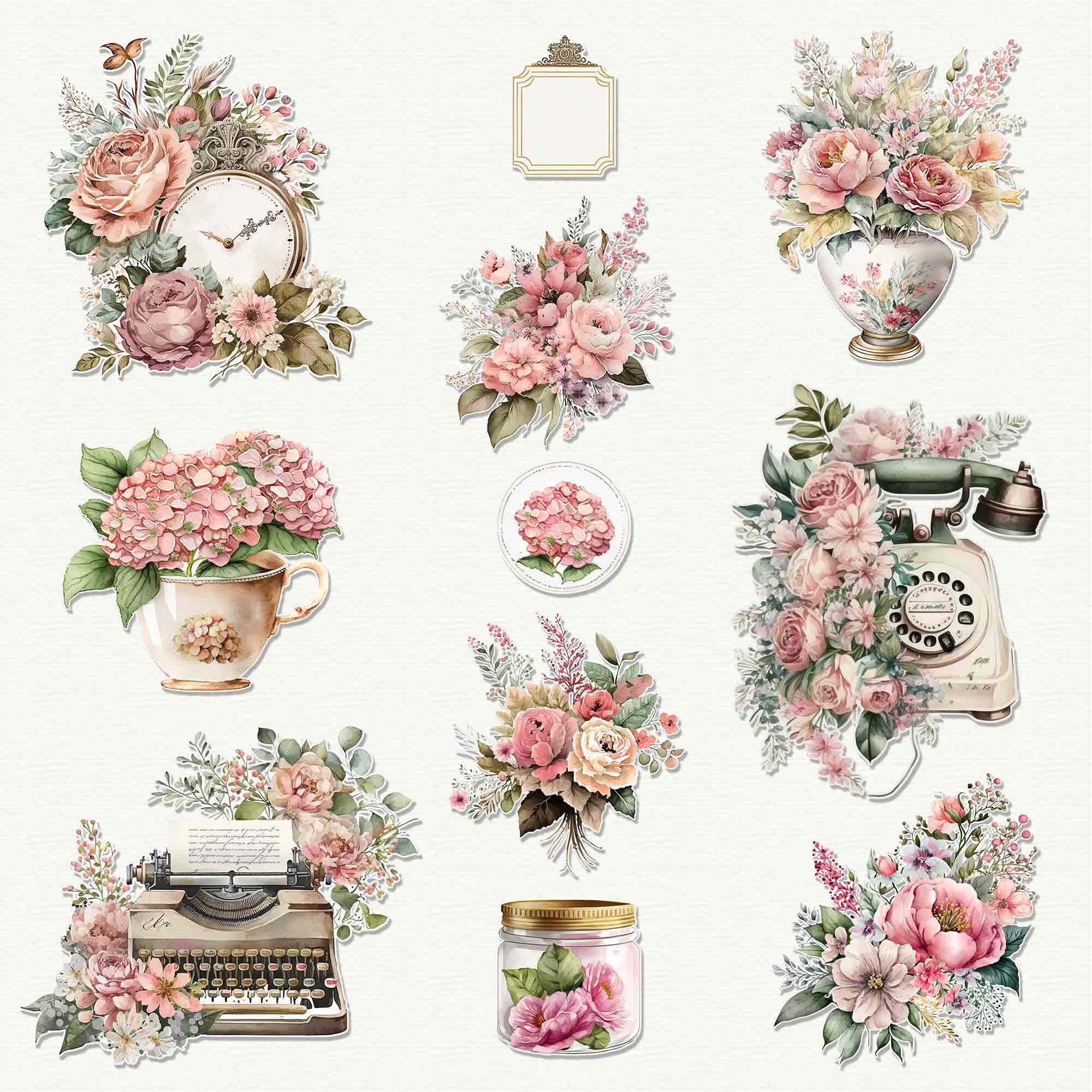 Vintage Floral Stickers - Retro Elements Watercolor Clipart Digital ...