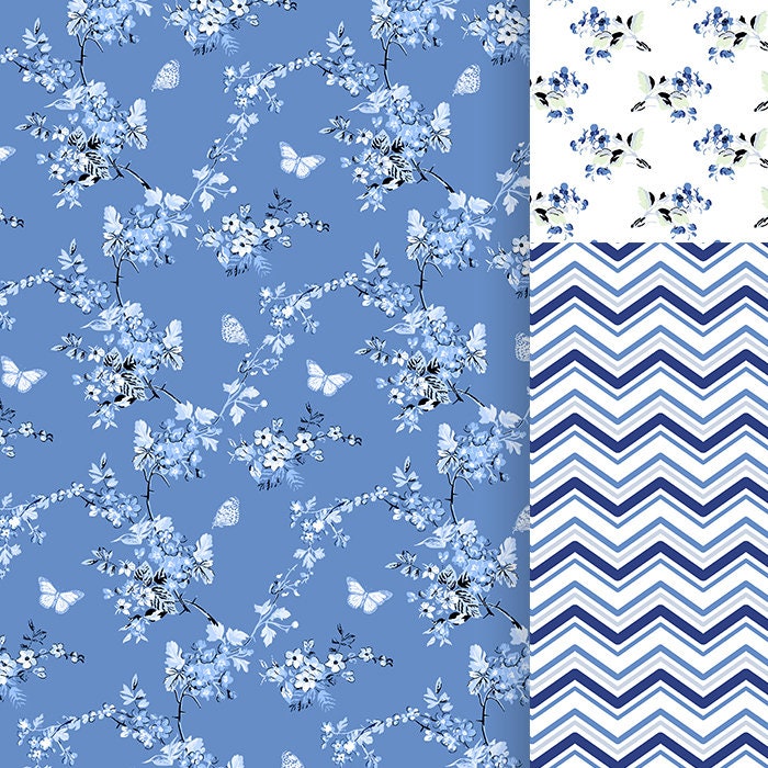 Floral Digital Paper Blue Flowers Printable Shabby Chic Paper Download ...