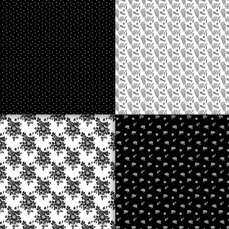 Black and White Floral Digital Paper Set Digital Scrapbooking Flowers ...