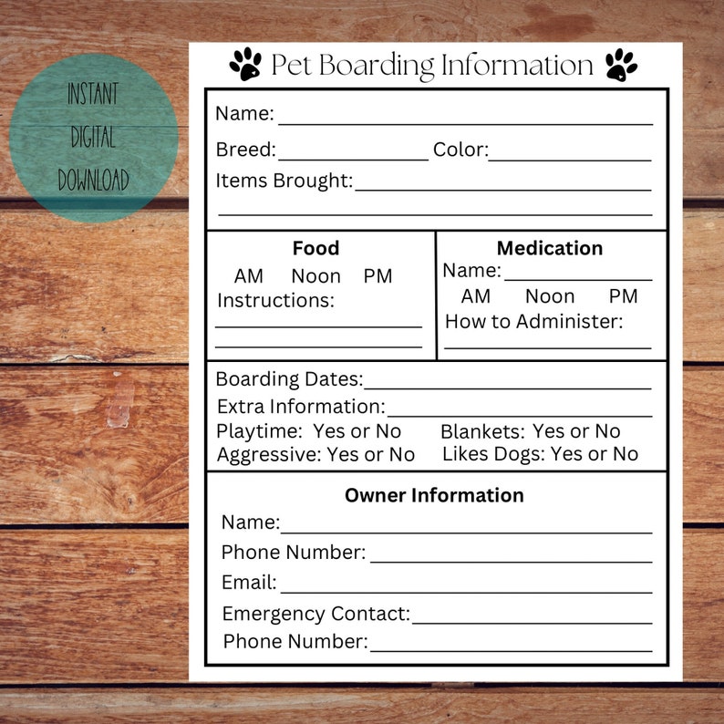 Printable Pet Boarding Information Guide - Digital Download - Etsy