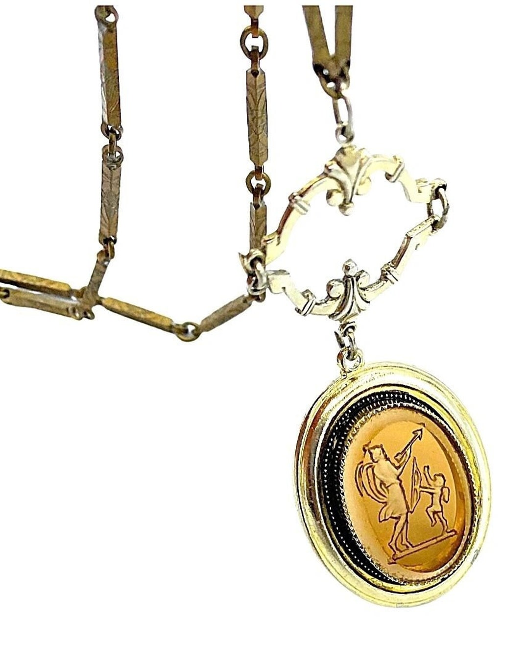 Vintage Cupids Glass Intaglio and Carved Bar Chain Necklace - Etsy