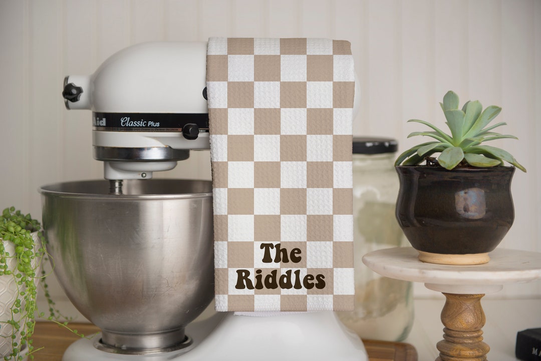 Personalized Checker Kitchen Tea Towel, Custom Waffle Towel, Neutral ...