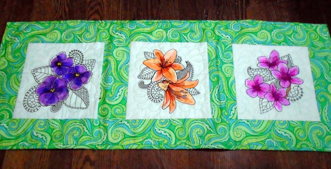 Embroidered, Quilted, Violet, Lily, and Cherry Blossoms Table Runner ...