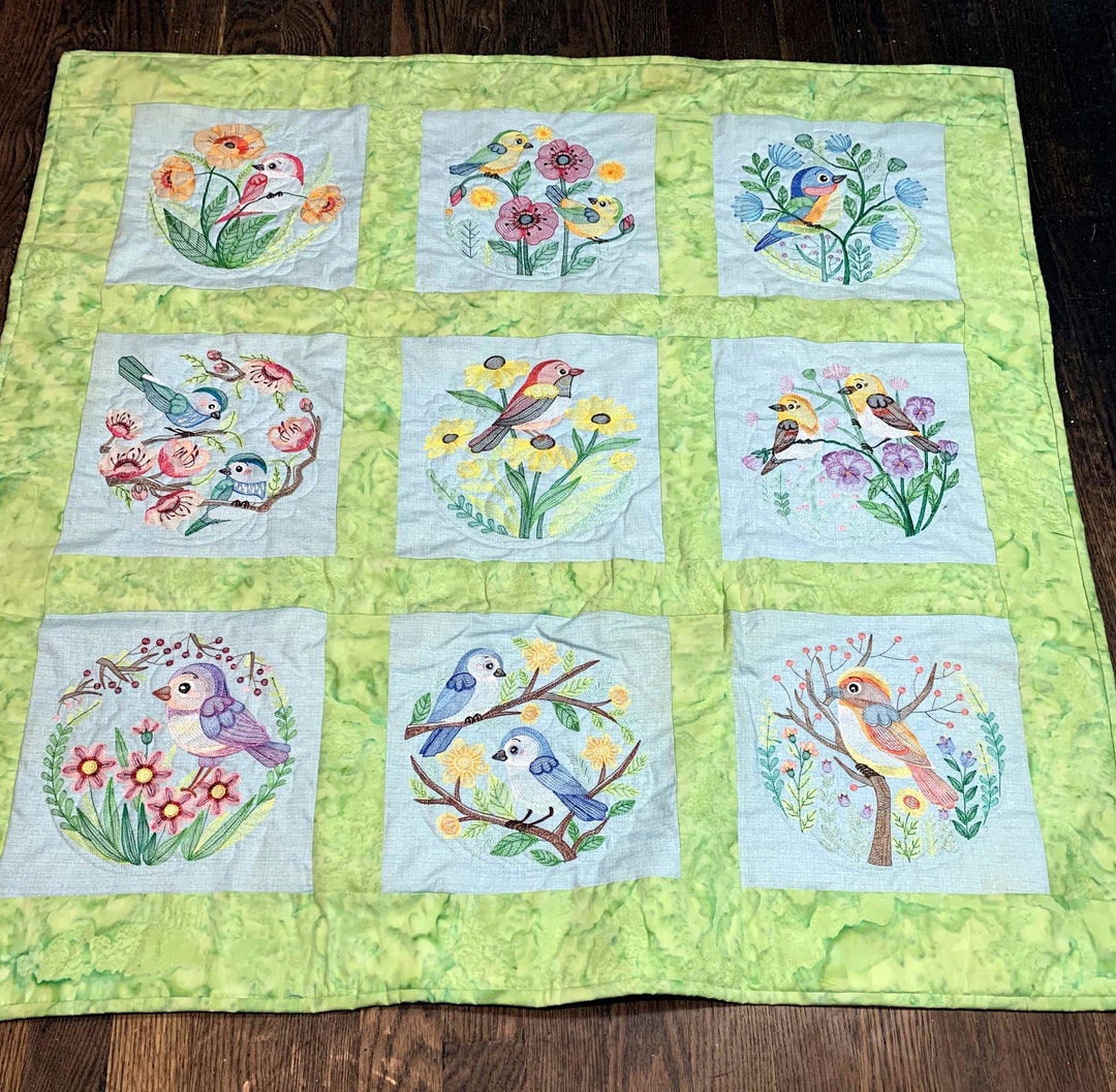 Embroidered Spring Bird Quilt: Reversible Cotton Lap Quilt, Wall ...