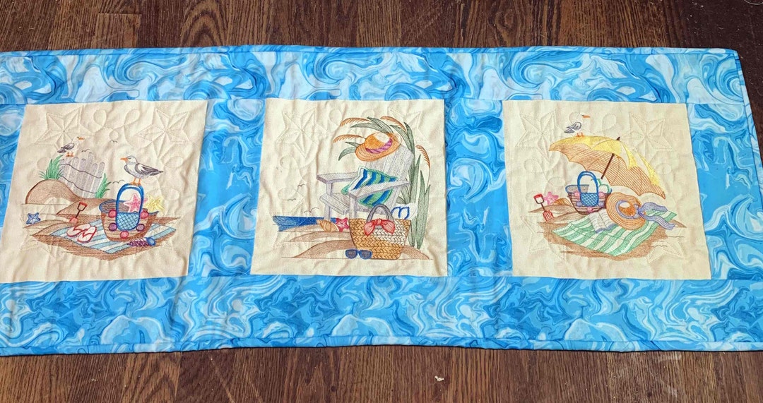 Embroidered Ocean Beach Scene Table Runner: Quilted Reversible Decor - Etsy