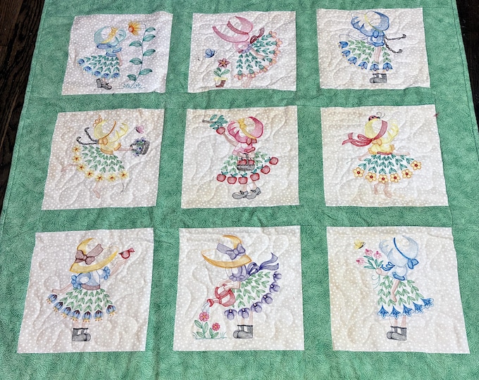 Embroidered Sun Bonnet Sue Garden Lap Quilt, Wall Hanging, Reversable ...