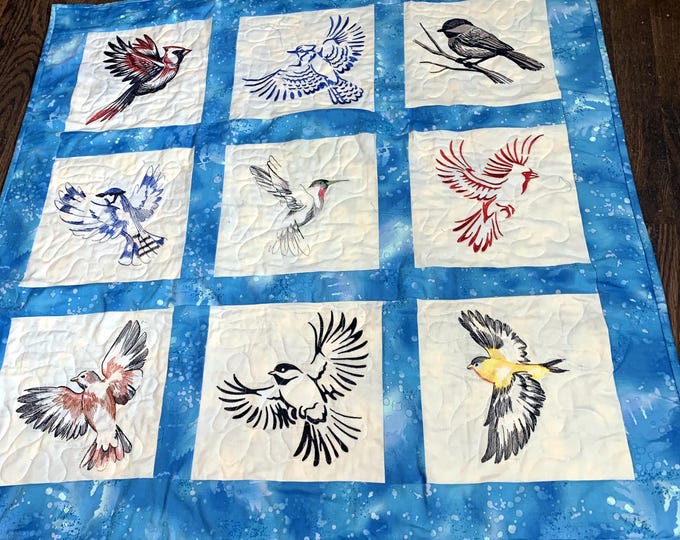 Embroidered Backyard Birds Quilted Lap Quilt: Reversible, Wall Hanging ...