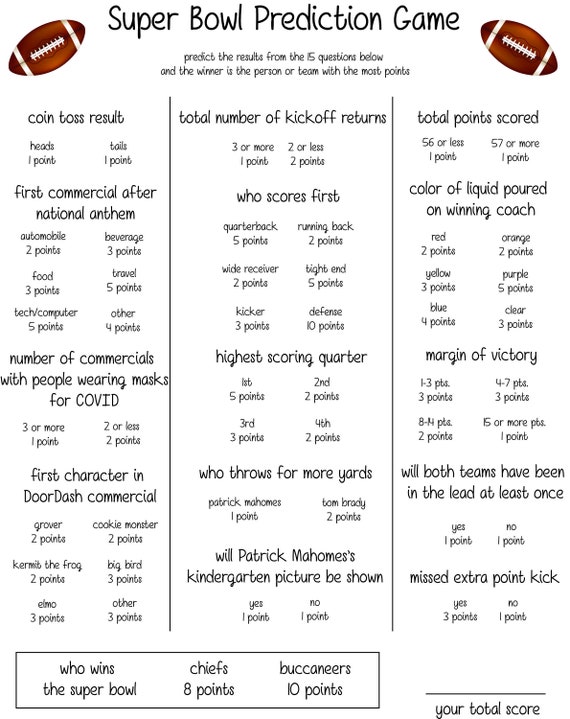 Super Bowl Game Prop Predictions Printable Page | Etsy